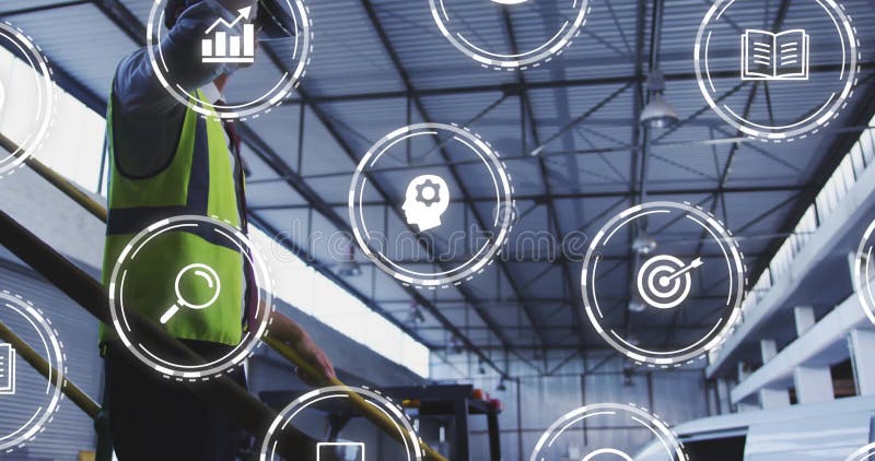 Operating Forklift in Warehouse, Worker Interacting with Digital ...