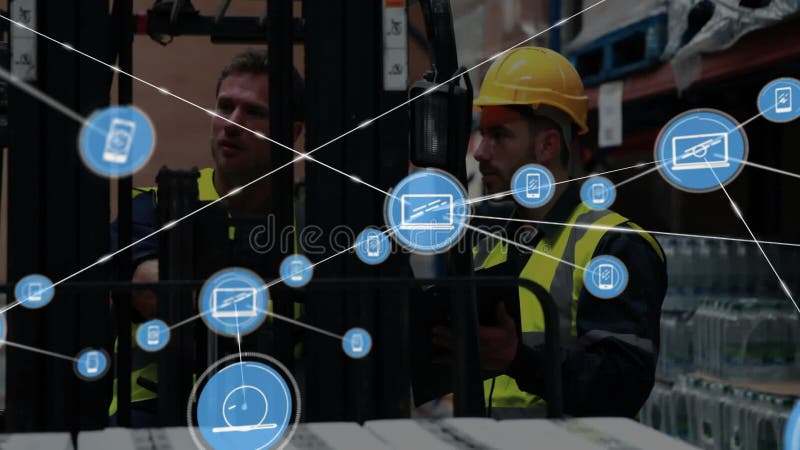 Operating Forklift, Warehouse Workers Connected To Devices with Data Flow Animation Stock ...