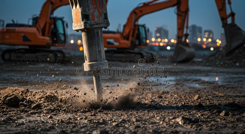 Operating Jackhammer Breaking Ground with Excavators in Background Stock Image - Image of night ...