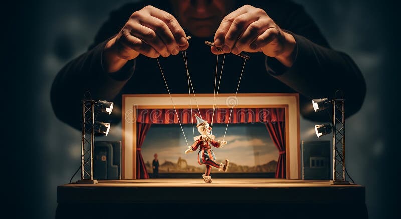 Operating a Marionette Puppet Show on Miniature Stage Stock ...