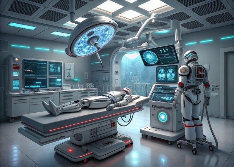 The Operating Room of the Future, a Sci-fi Hospital Room, the Staff are ...