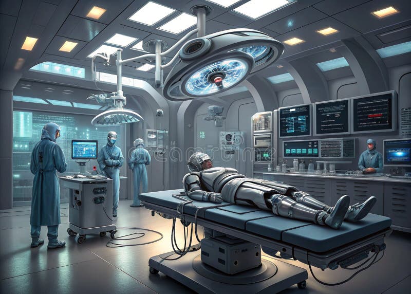 The Operating Room of the Future, a Sci-fi Hospital Room, the Staff are ...