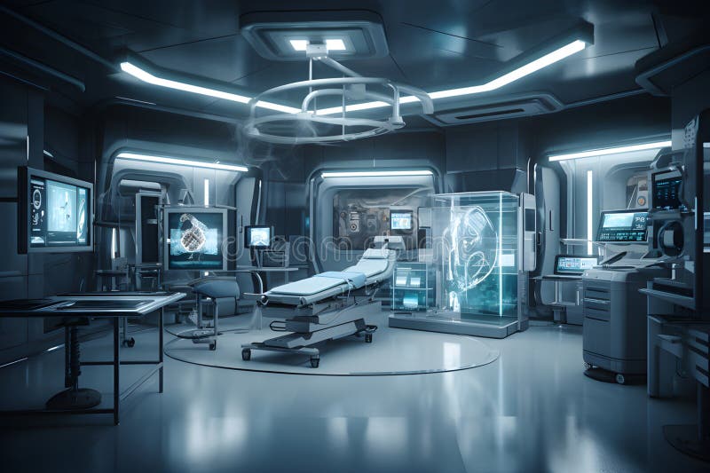 Operating Room in the Hospital of the Future. Blu Filter. Generation AI ...