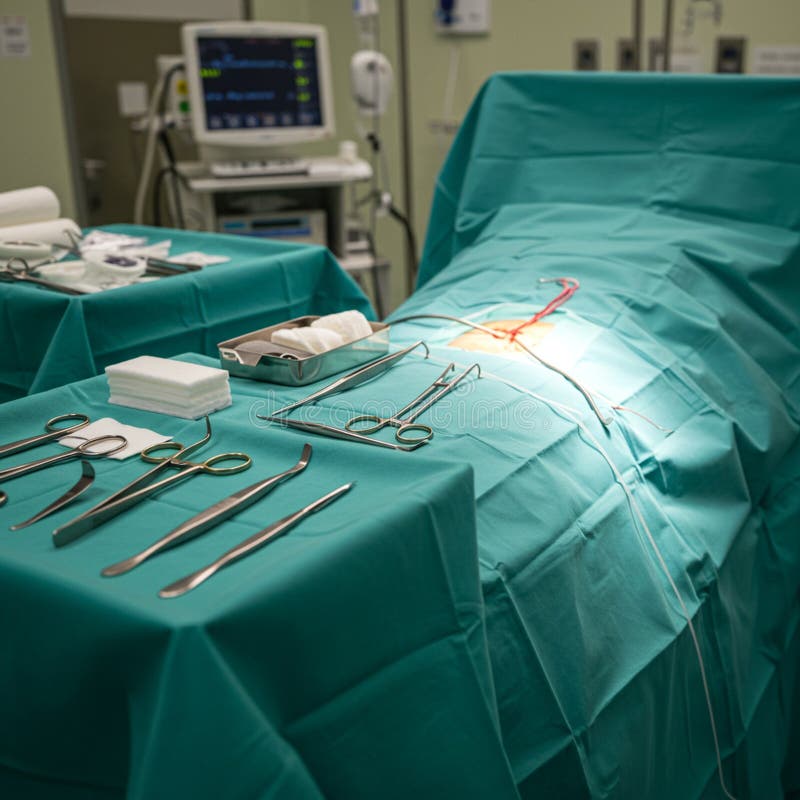 Operating Room Setup with Surgical Instruments Laid Out on a Table ...