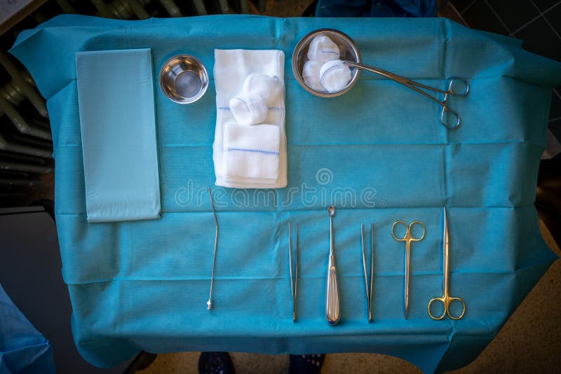 In Operating Room There is an Instrument Table with Surgical ...