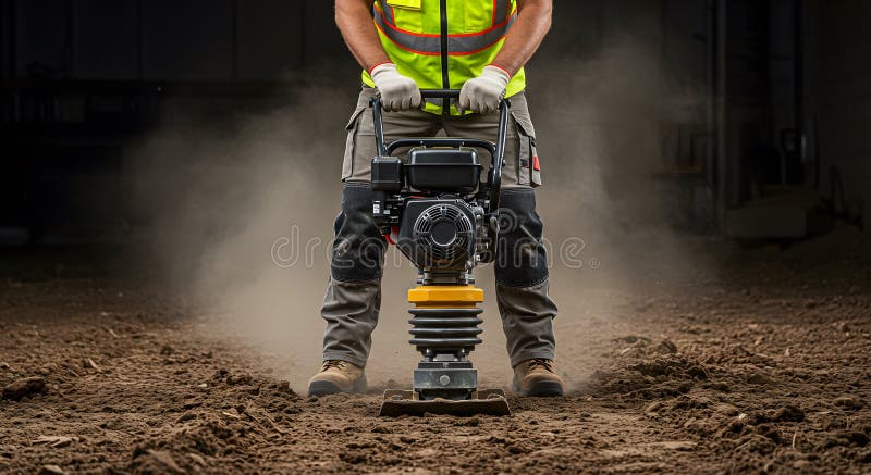 Operating Soil Compactor on Construction Site Dust Filling the Air ...