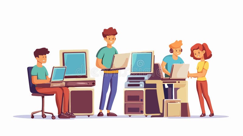 Operating System Error Men and Girls Next To Computer Displaying Error ...