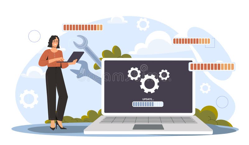 Operating System Upgrade. Young Girl Updates Programs on Laptop. Upload ...