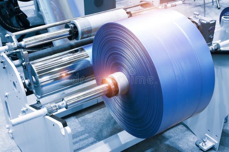 The Operation of Automatic Plastic Bag Production Machine. Close-up of ...