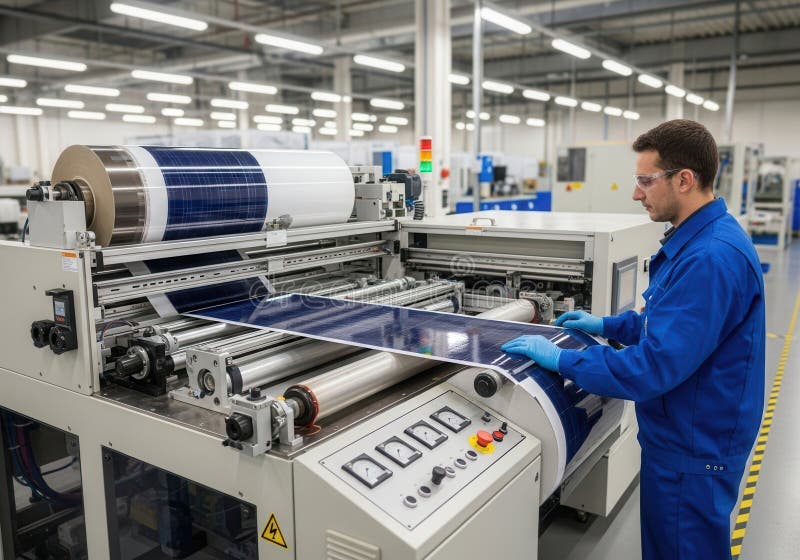Operator Adjusts Tension on Roll To Roll Printer in Modern ...
