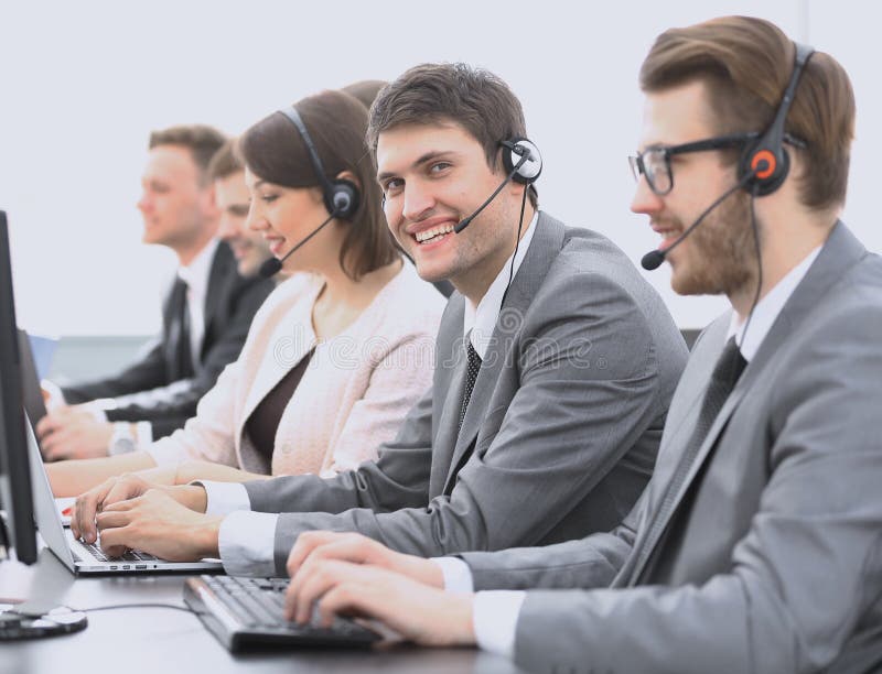 Employee Call Center with Headset at Workplace Stock Photo - Image of ...