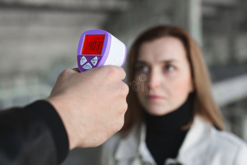 Operator Check Fever by Digital Thermometer Visitor at Information ...