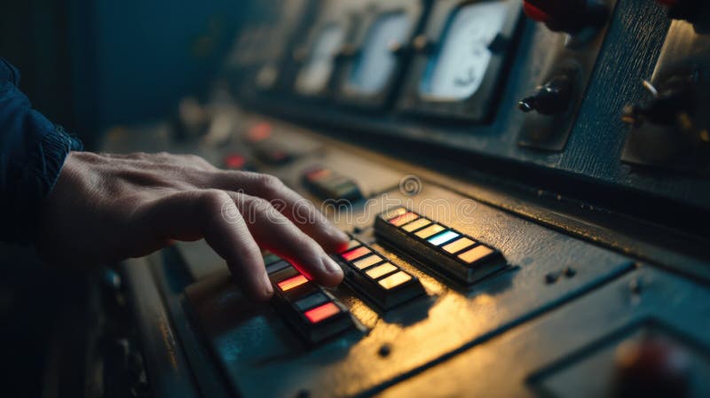 Operator Controlling Industrial Panel with Glowing Buttons and Dials ...