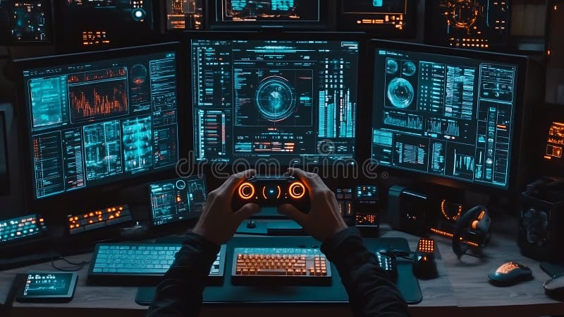 The Operator Controls the Computer System with a Gaming Controller Stock Illustration ...