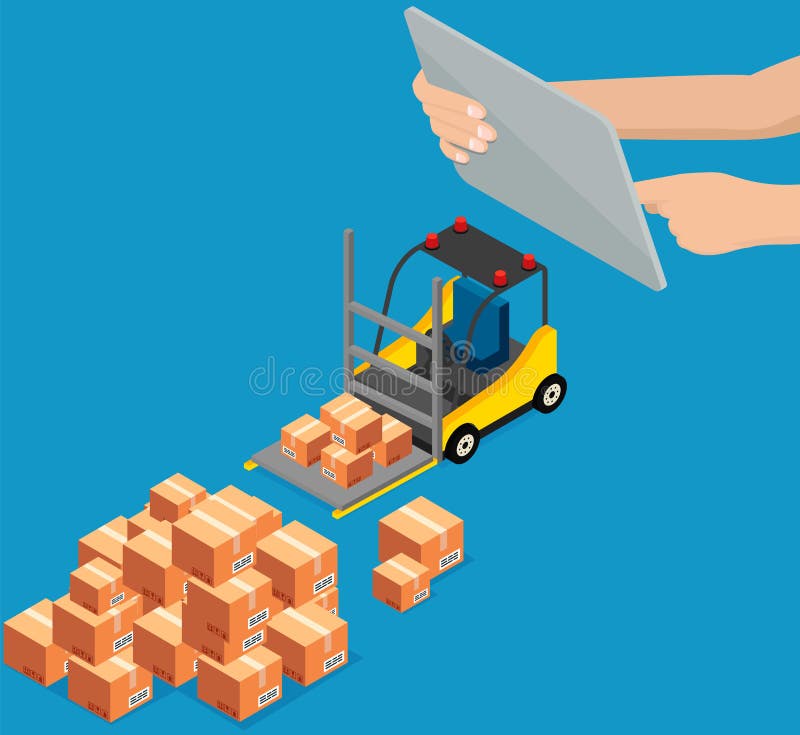 Operator Controls Forklift with Computer Machine Lifts Boxes on Special ...