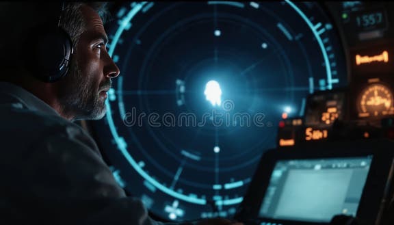An Operator Focused Intently on a High-tech Radar System Inside a Dimly ...