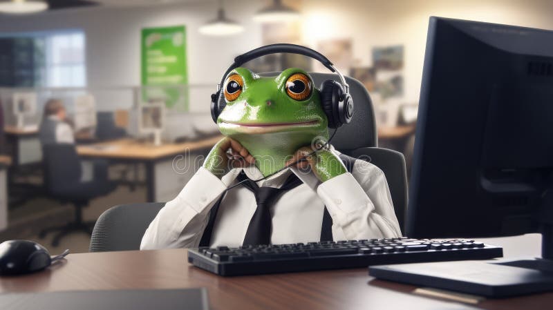Operator Frog in Headphones with Microphone Working in Office Stock ...