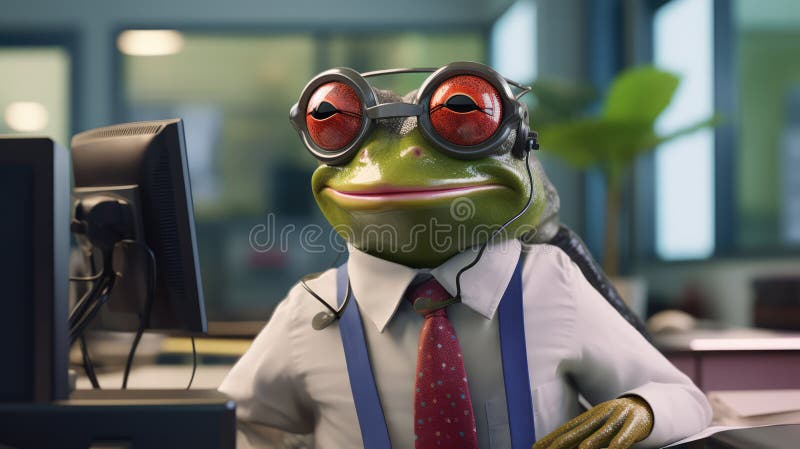 Operator Frog in Headphones with Microphone Working in Office Stock ...