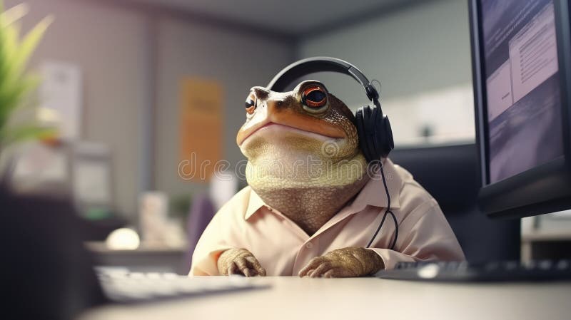 Operator Frog in Headphones with Microphone Working in Office Stock ...