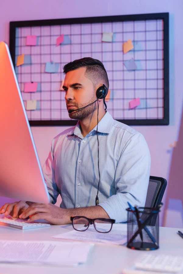 Operator in Headset Typing on Computer Stock Image - Image of corporate ...