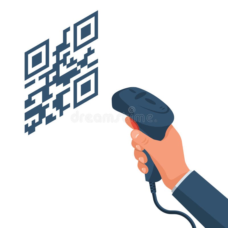 The Operator Holds a Qr-code Scanner Hand. Stock Vector - Illustration ...