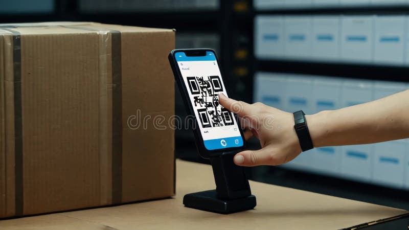 The Operator Holds a Qr-code Scanner Hand. Scanning Qr-code Stock ...