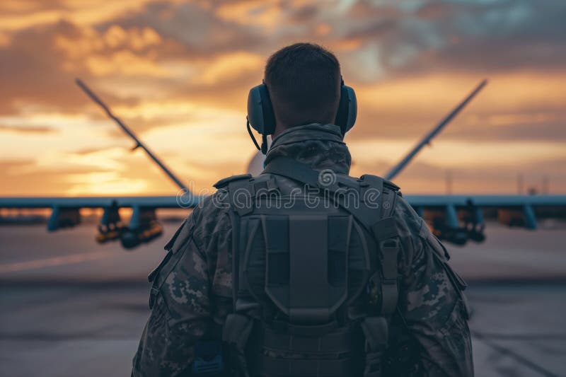 Operator of Military Drone Prepares it for Flight Using Artificial ...