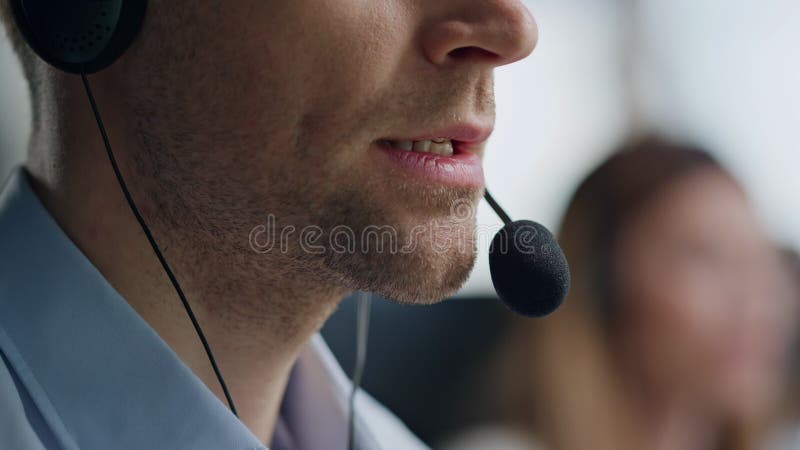 Operator Mouth Talking Microphone Closeup. Call Center Manager Helping ...