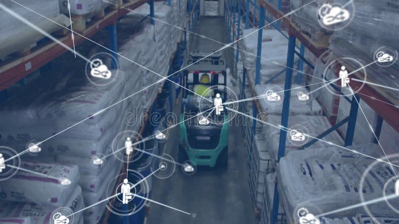 Operator Moving Forklift Down Warehouse Aisle Generating Network ...