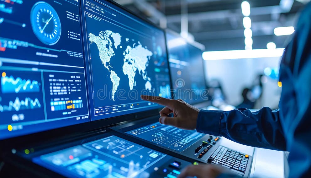 An Operator Points at a Screen with a World Map and Data in a High-tech Command Center, Managing ...