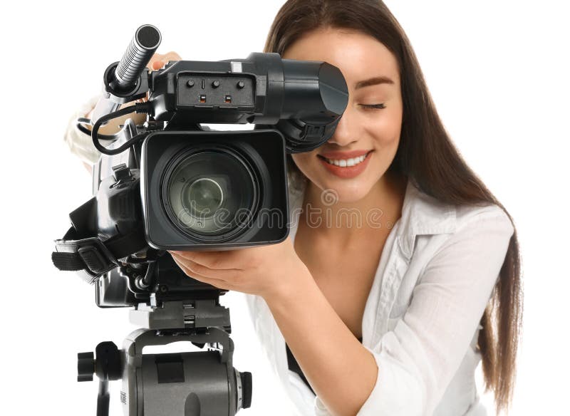 Operator with Professional Video Camera on White Background Stock Image ...