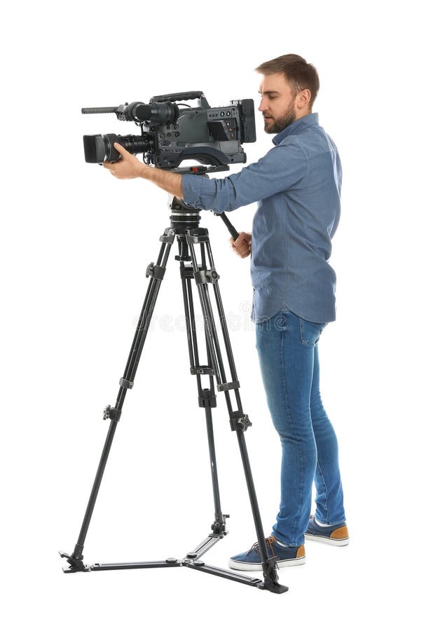 Operator with Professional Video Camera on White Background Stock Photo ...