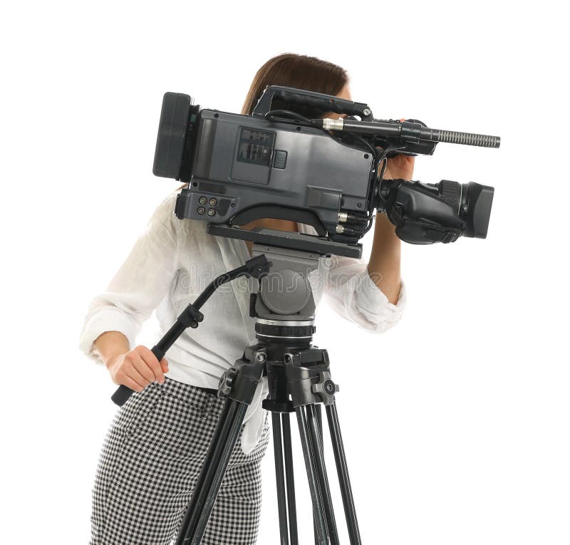Operator with Professional Video Camera on White Background Stock Photo ...