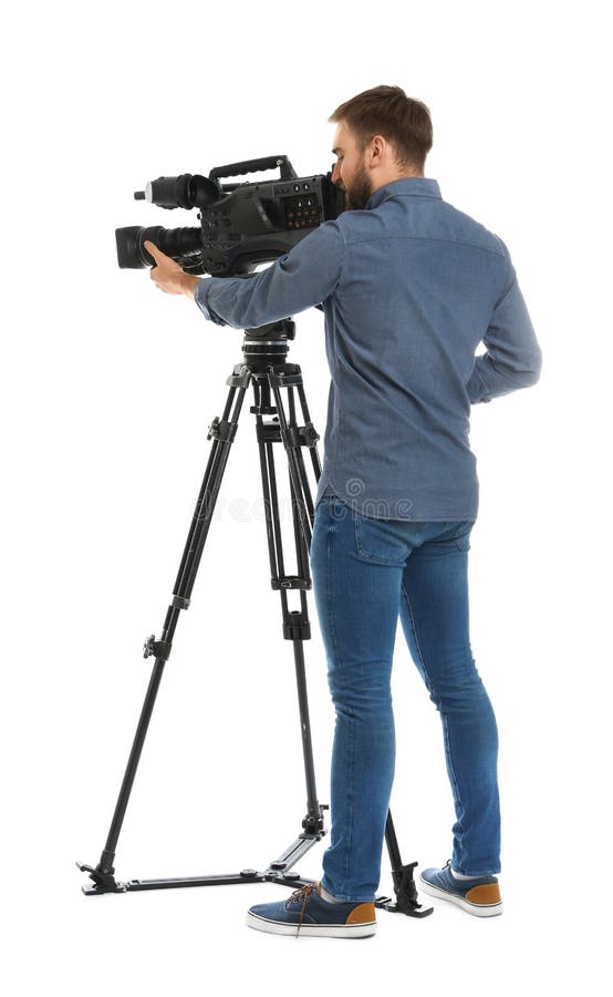 Operator with Professional Video Camera on White Background Stock Image ...