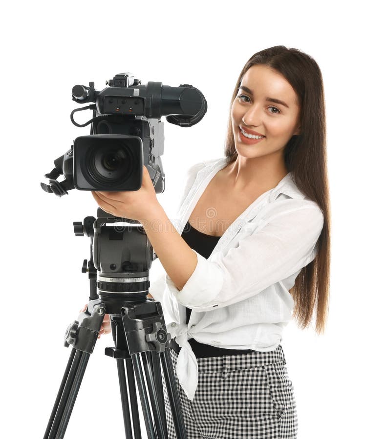 Operator with Professional Video Camera on White Background Stock Image ...