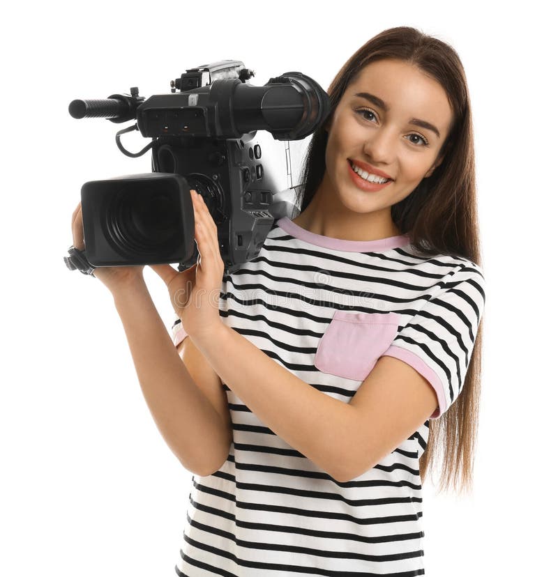 Operator with Professional Video Camera on White Background Stock Photo ...