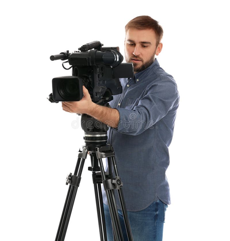 Operator with Professional Video Camera on White Background Stock Photo ...