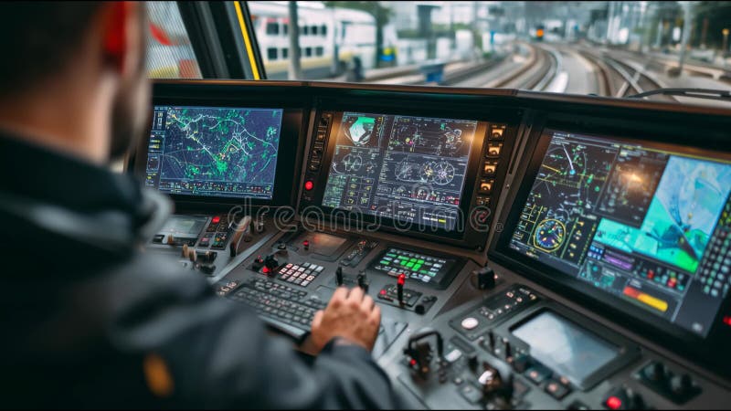 Operator Reviews Control Panel in Train Cockpit during Routine ...