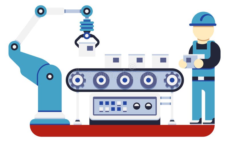 Operator and Robotic Arm Working Together on Industrial Production Line ...