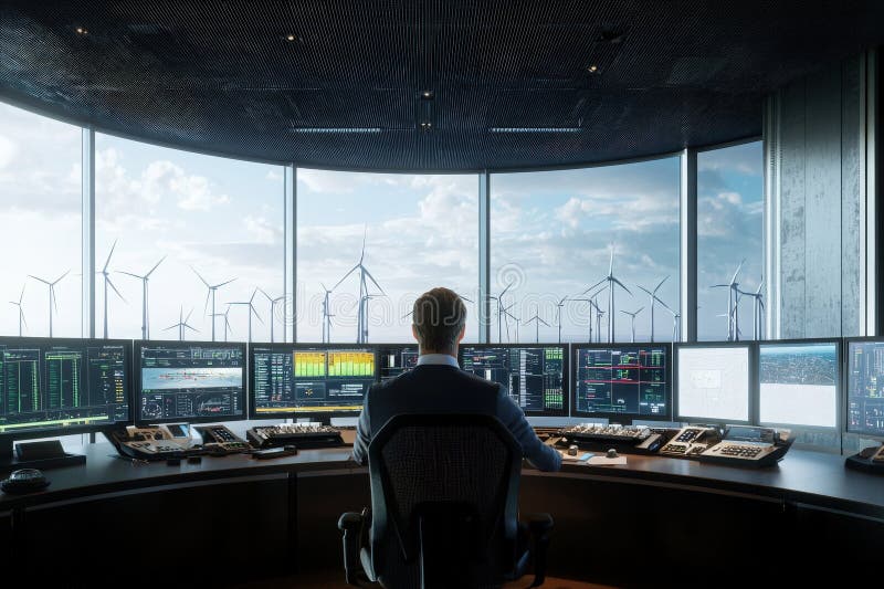 Professional Operates Control Room Overlooking Wind Farm with Advanced ...