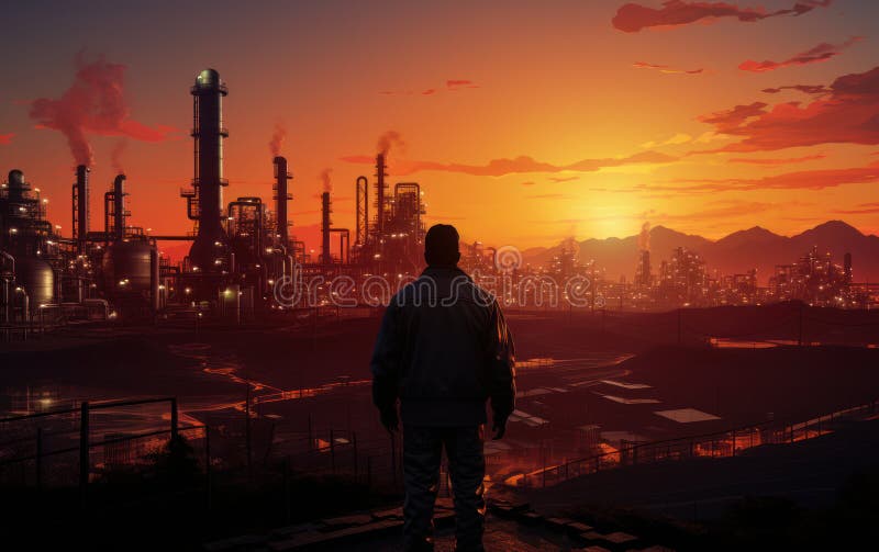 An Operator Standing Facing the Industry on Sunset Stock Illustration ...
