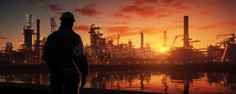 An Operator Standing Facing the Industry on Sunset Stock Illustration ...
