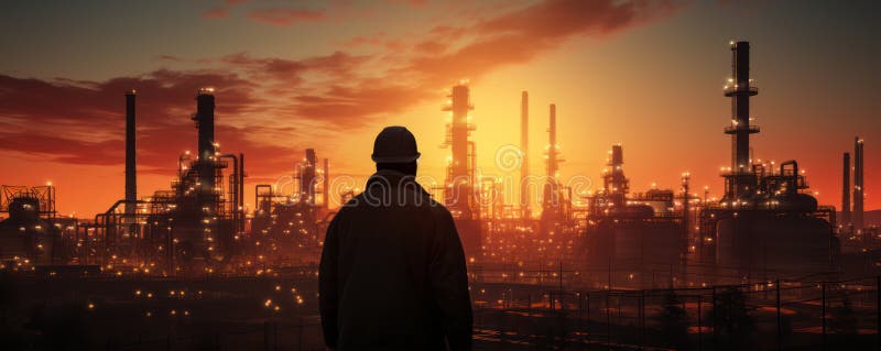 An Operator Standing Facing the Industry on Sunset Stock Illustration ...