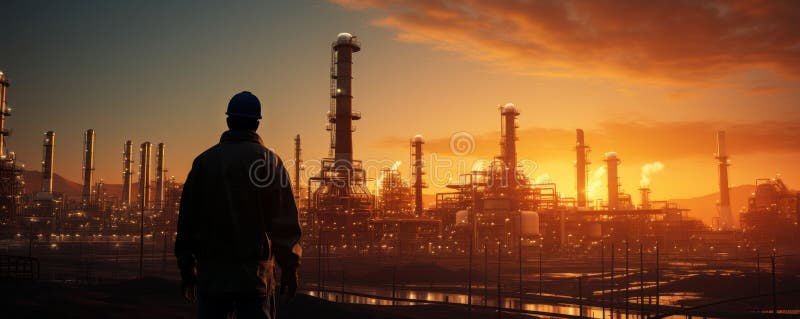 An Operator Standing Facing the Industry on Sunset Stock Illustration ...