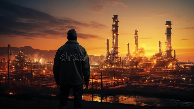 An Operator Standing Facing the Industry on Sunset Stock Illustration ...