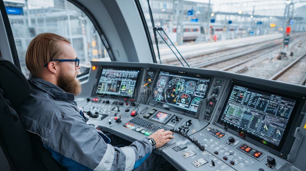 Operator in Train Cockpit Checks Control Panel during Routine Transport ...