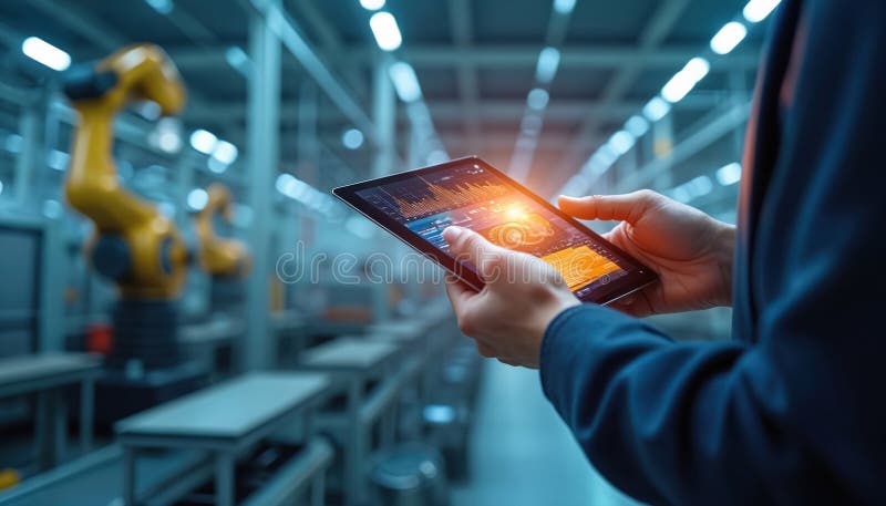 Operator Uses Tablet for Data-driven Industrial Automation. Man ...