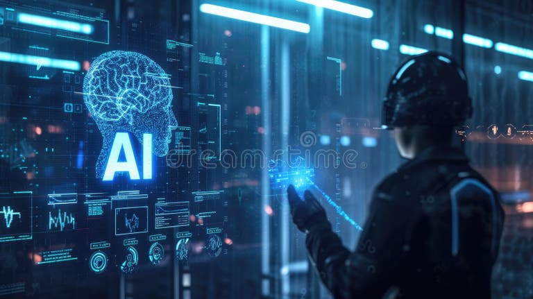 Operator Works with Artificial Intelligence Control Panel in Dark Room. Futuristic Digital ...