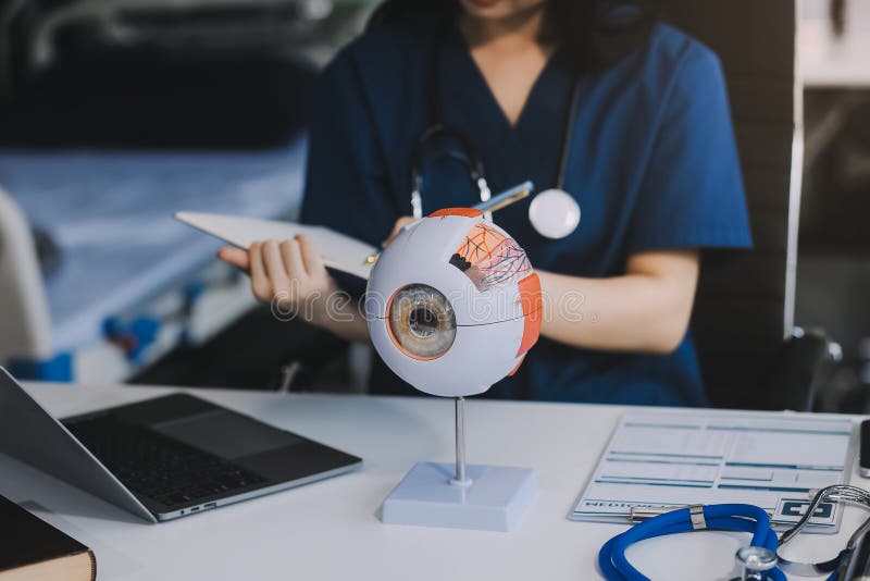 Ophthalmologist Doctor in Clinic, Part of Eye Model on Desk, Oculus ...