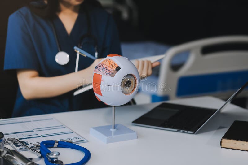 Ophthalmologist Doctor in Clinic, Part of Eye Model on Desk, Oculus ...